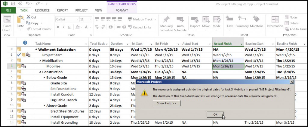 Setting up a Baseline in Microsoft Project 2013