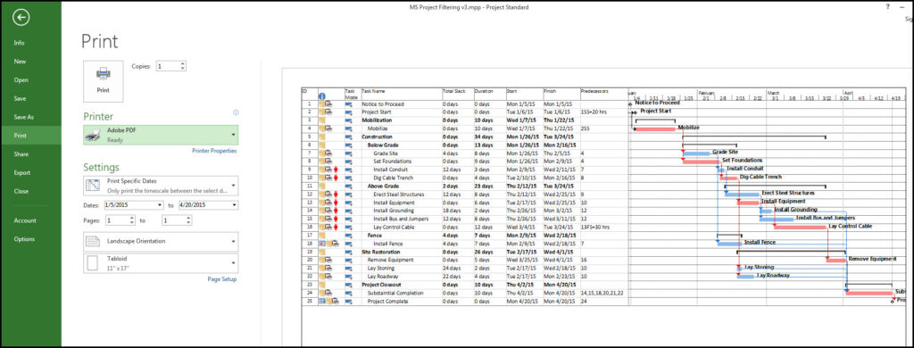 Microsoft Project Print To PDF Options Explored