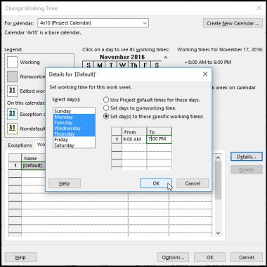 Microsoft Project Calendar Detailed Work Hours