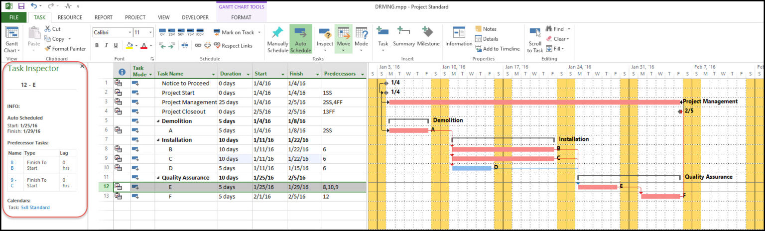 Displaying Driving Tasks in Microsoft Project
