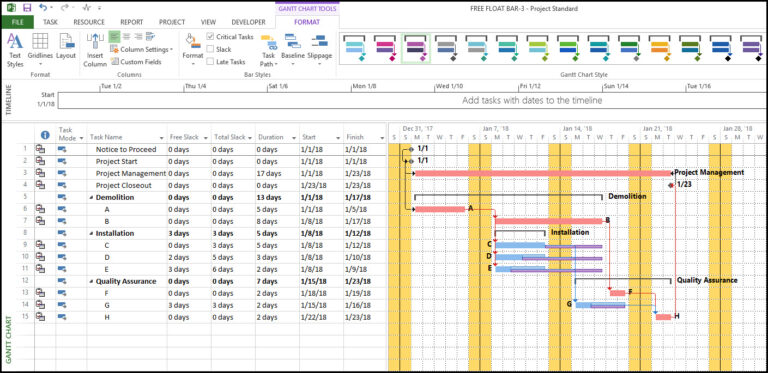 Displaying Free Float and Total Float Gantt Chart Bars in Microsoft Project