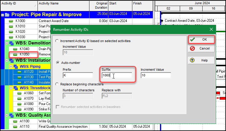 Renumber Activities Sequentially in P6 Professional - Ten Six
