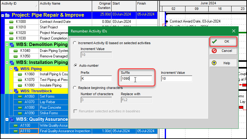 Renumber Activities Sequentially in P6 Professional - Ten Six