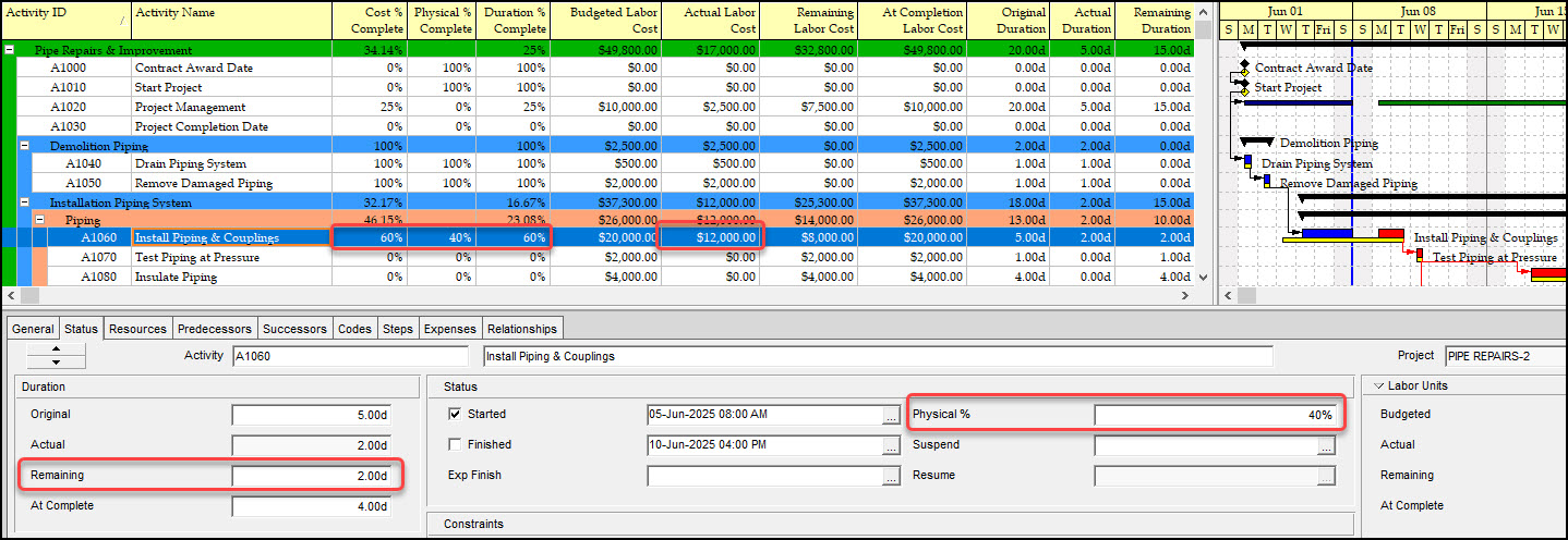 Physical Percent Complete Type and Invoicing Actual Cost in P6 - Ten Six