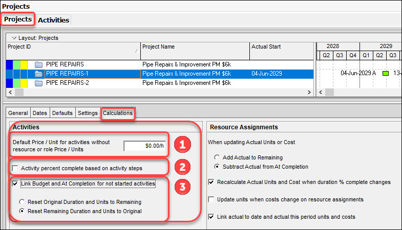 Link Budget and At Completion Project Calculations Setting in P6 - Ten Six