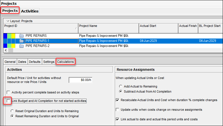 Link Budget and At Completion Project Calculations Setting in P6 - Ten Six