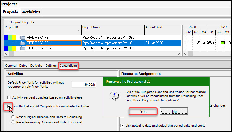 Link Budget and At Completion Project Calculations Setting in P6 - Ten Six