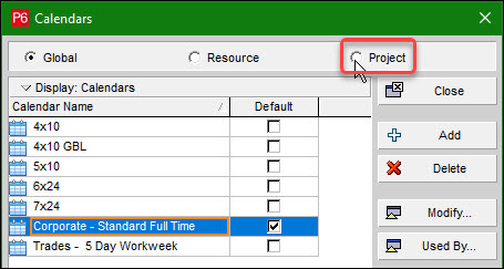 P6 Calendar - Inherit Holidays and Exceptions - Ten Six