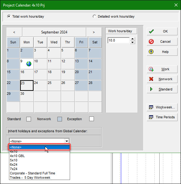 P6 Calendar - Inherit Holidays and Exceptions - Ten Six