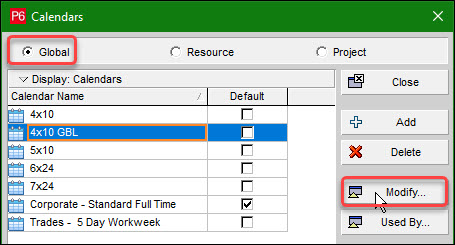 P6 Calendar - Inherit Holidays and Exceptions - Ten Six