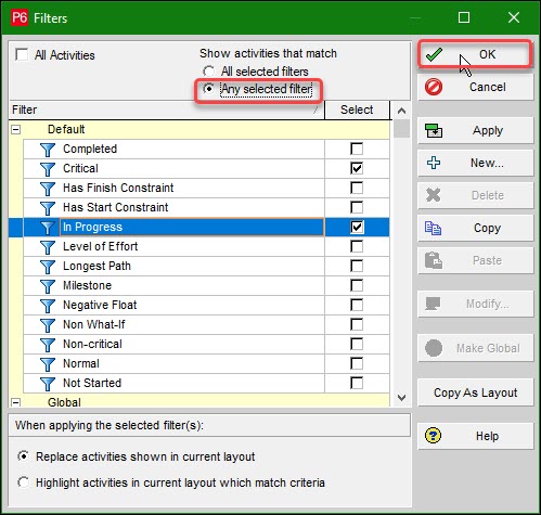 Matching Criterion for Selected Filters in P6 Professional - Ten Six