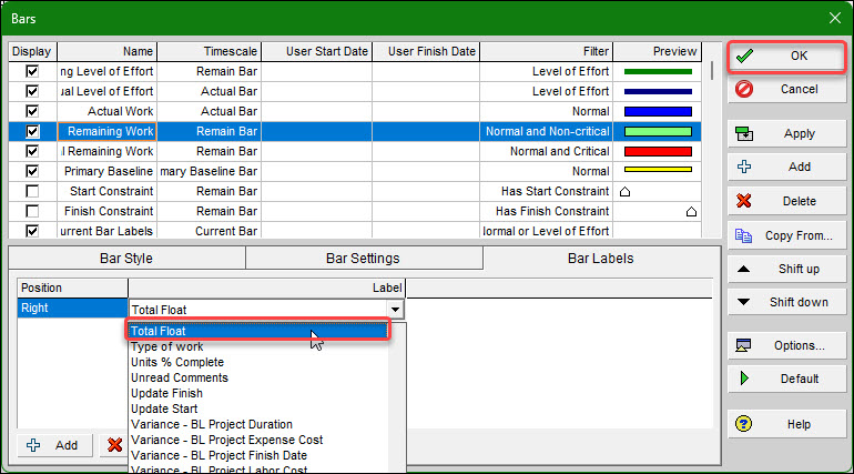 Display Total Float on the Gantt Chart in P6 - Ten Six